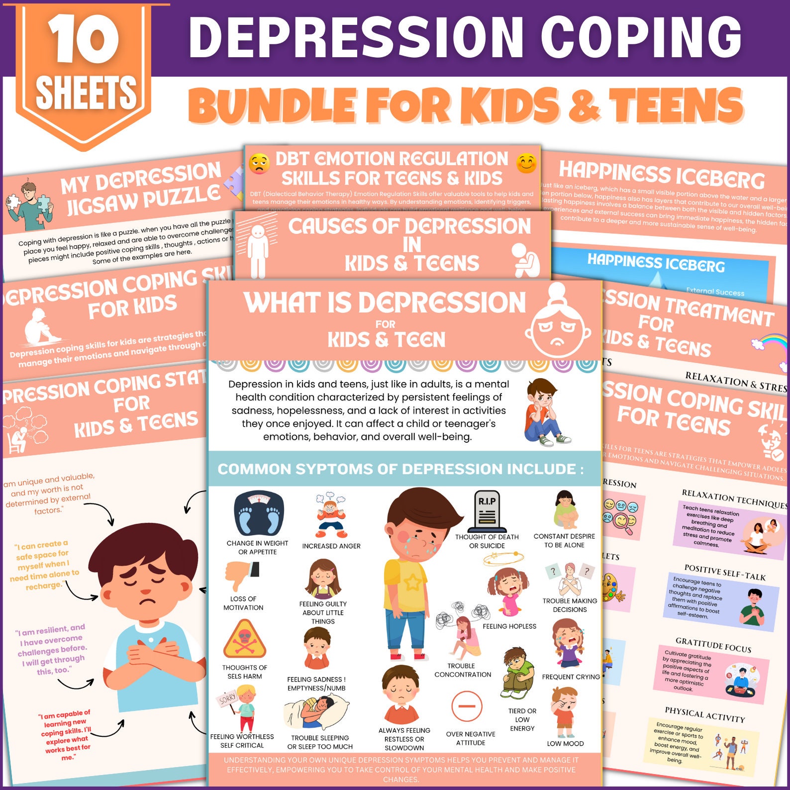 Depression Coping Skills Handout Bundle for Kids & Teens 10pages ...