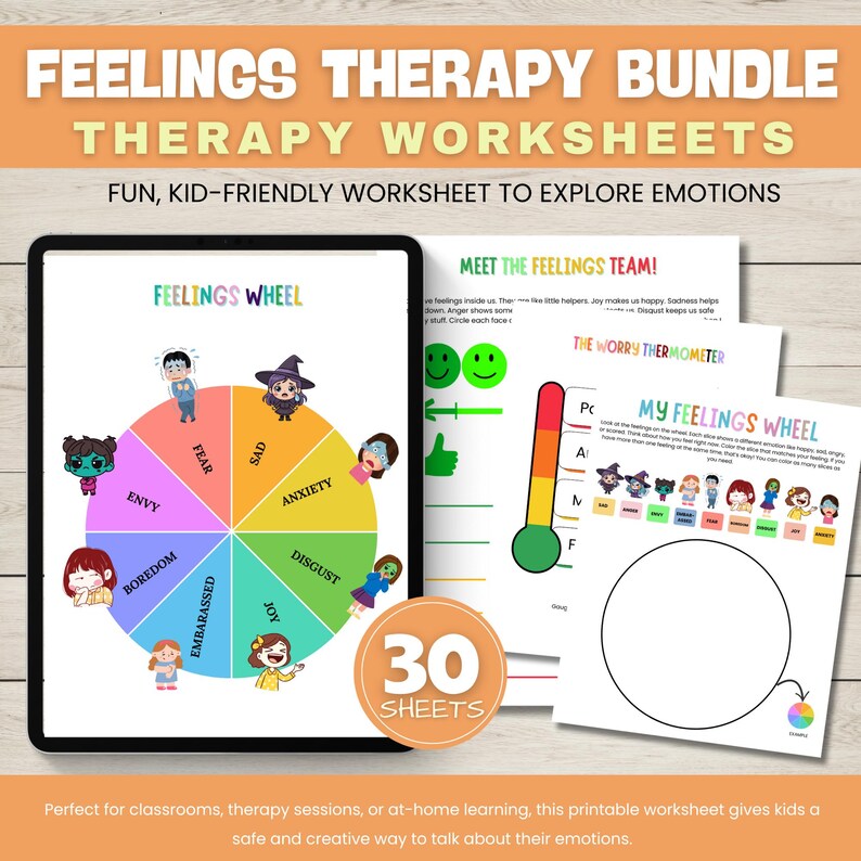 Feelings Therapy Bundle for Kids, Emotions Worksheets, Feelings Wheel ...