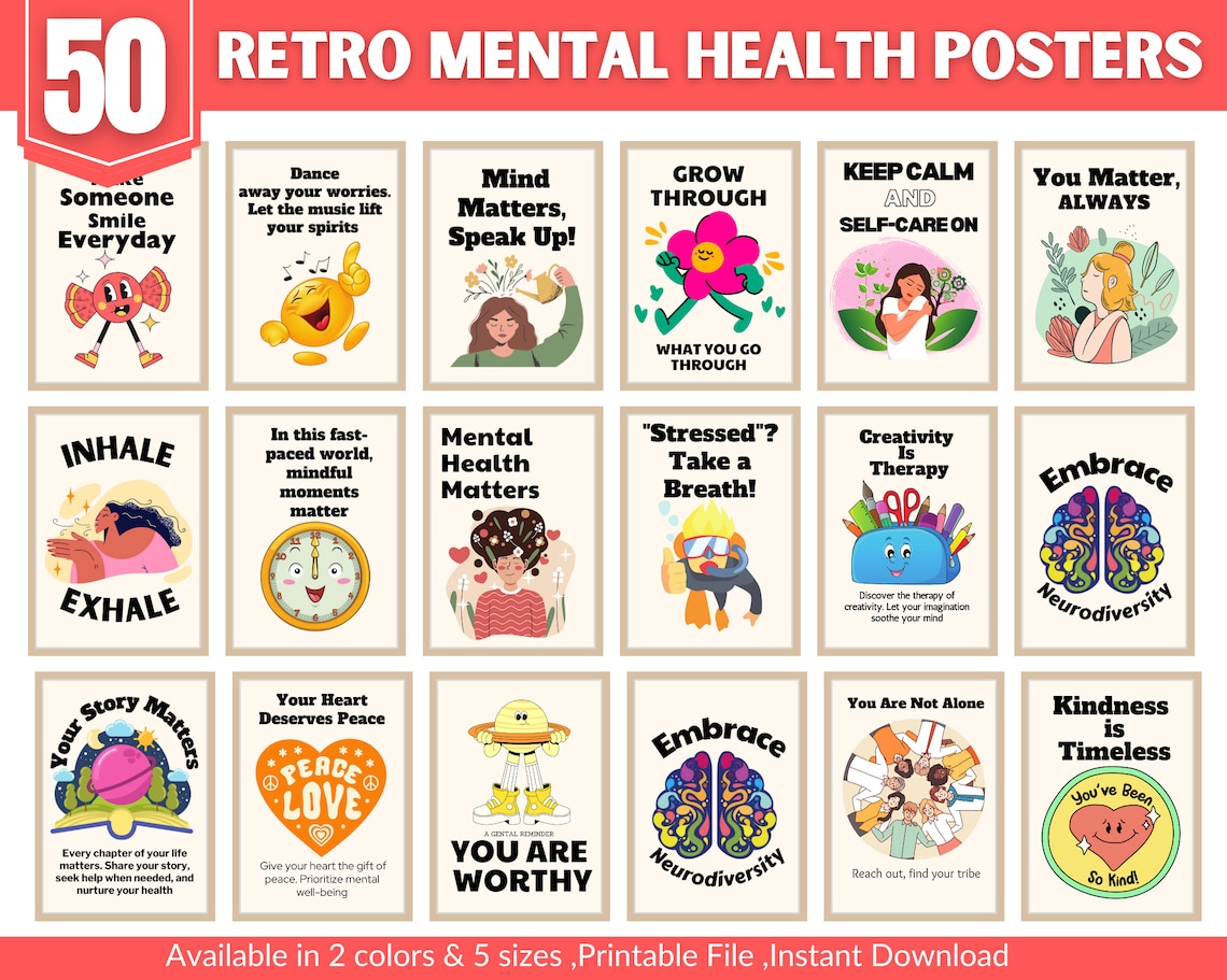 Retro Mental Health Posters Set of 50 Prints therapy Counseling Office ...