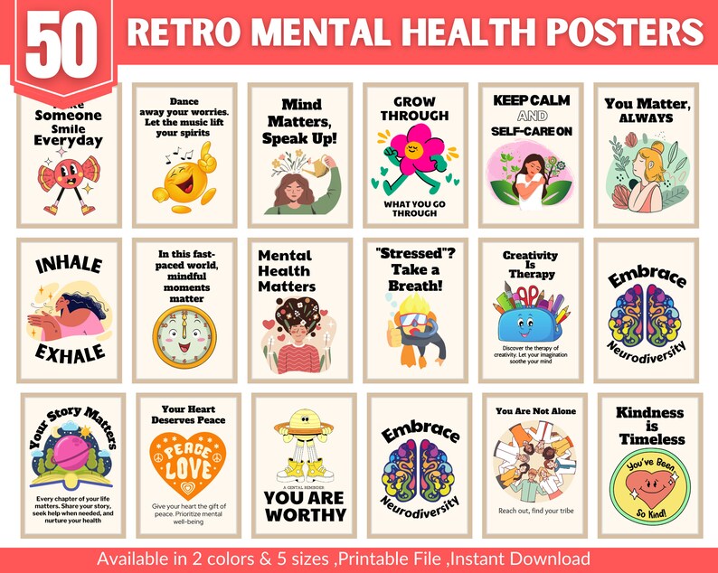 Retro Mental Health Posters| Set of 50+ Prints |therapy| Counseling ...
