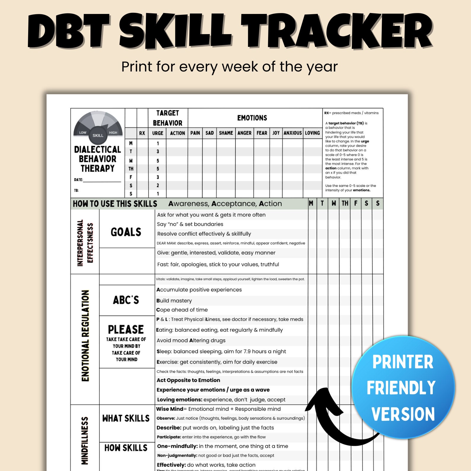 DBT Skills Tracker Printable US Letter Size | Therapy Worksheet ...