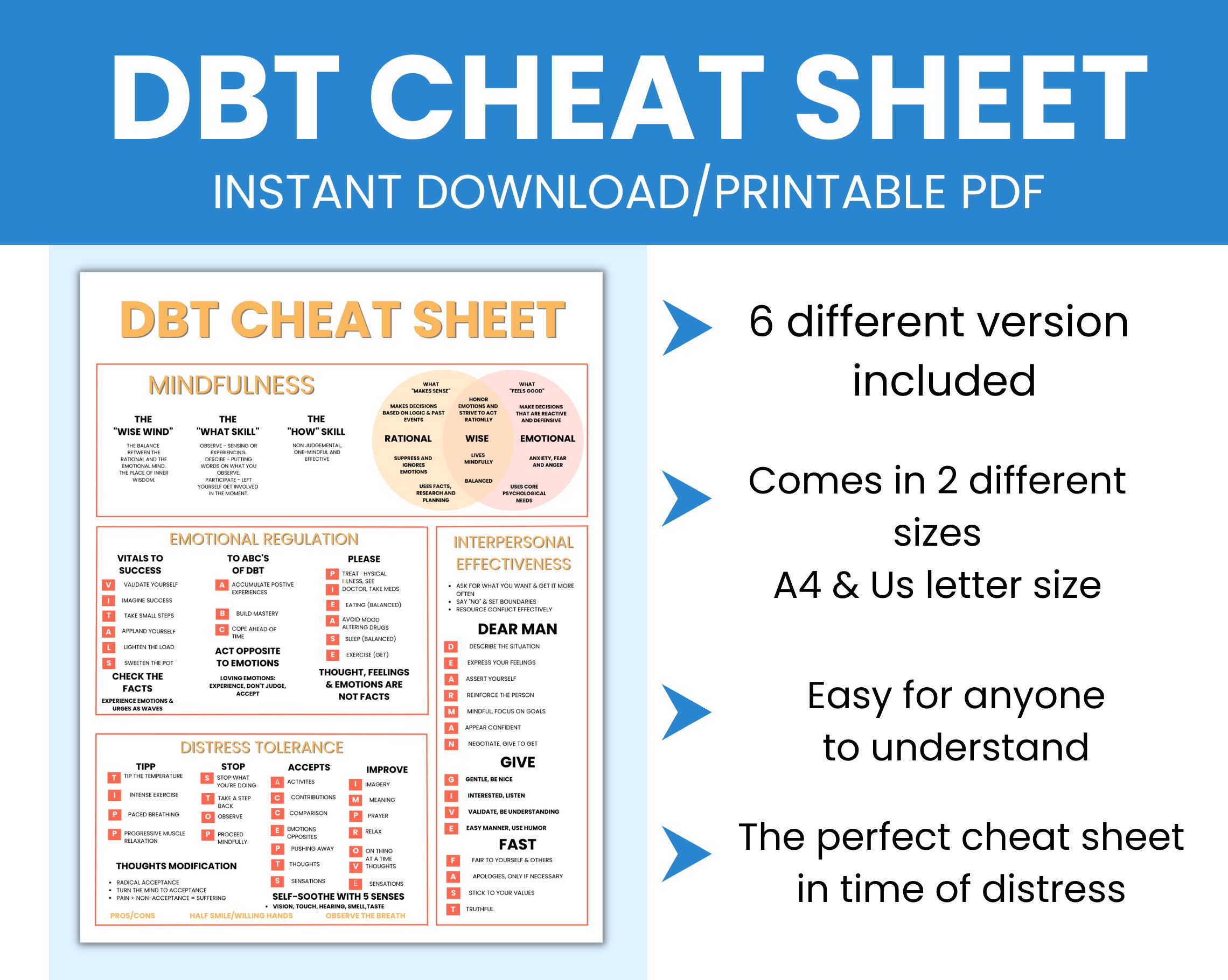 Dbt Cheat Sheet Dbt Skills Borderline Bpd Therapy Worksheet Mental Health Printable