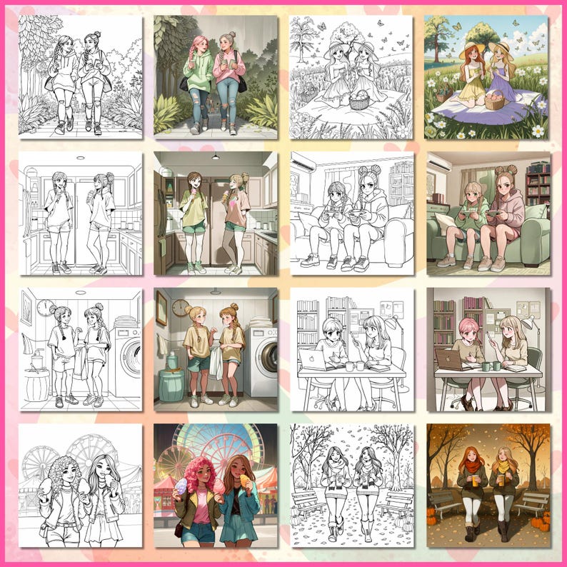 Besties Moment Cute and Girly Coloring Book, 40+ Coloring Sheets ...