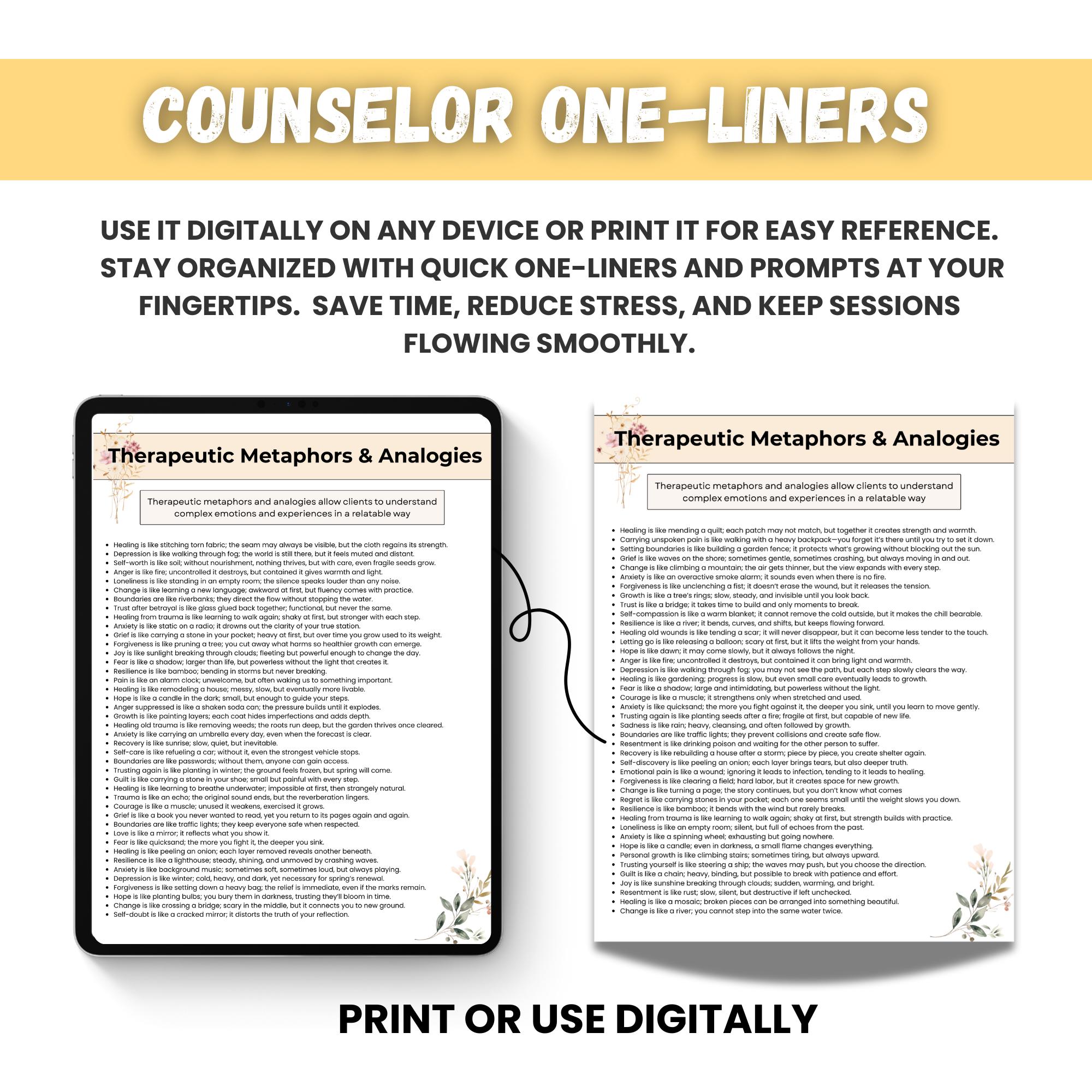 Counselor One-liners Cheat Sheets, Therapy Tools for Counselors, 150 ...