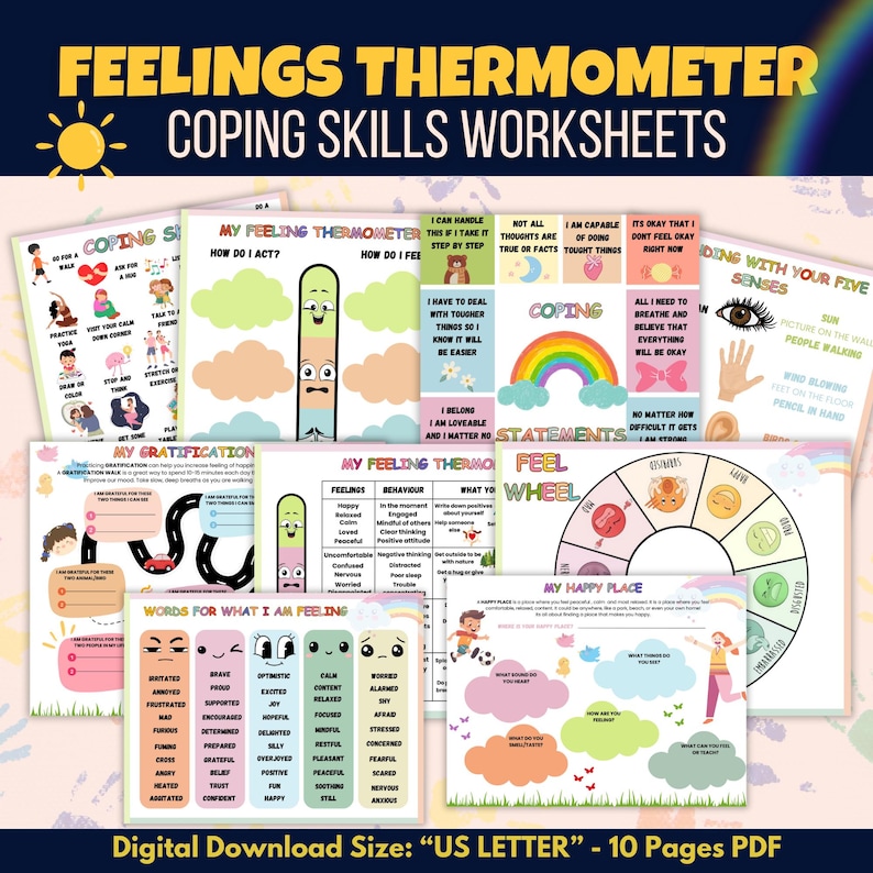 Feelings Thermometer Worksheets 10pages | Therapy Worksheets | Mental ...