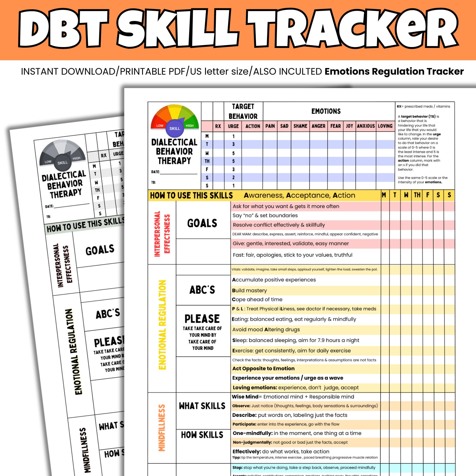 DBT Skills Tracker Printable US Letter Size | Therapy Worksheet ...