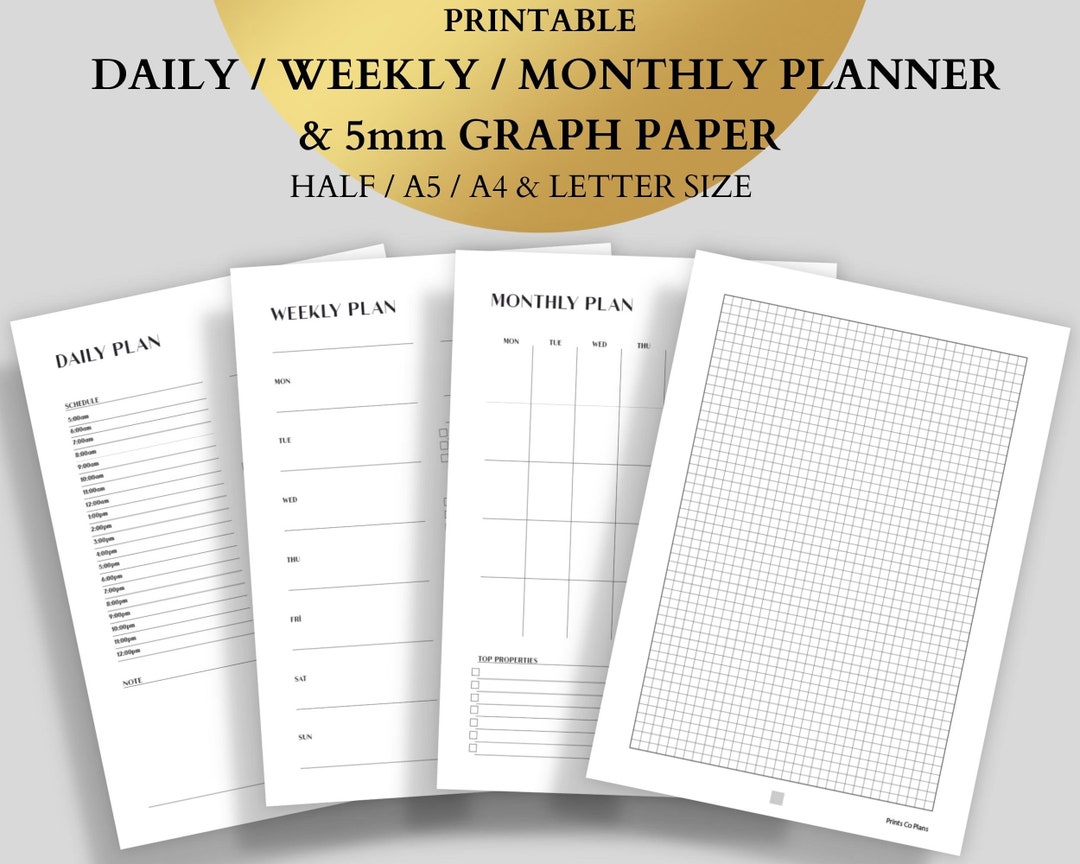 Daily Planner Weekly Planner Monthly Planner & 5mm Graph Paper Bundle ...