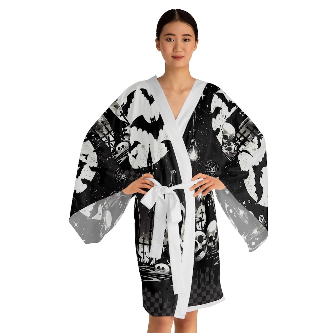 Monochrome Gothic Kimono Robe for Women, Haunted Skulls and Bats Long ...