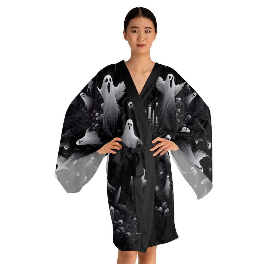Kimono Robe, Black Japanese Robe With Ghostly Design, Ethereal Long ...