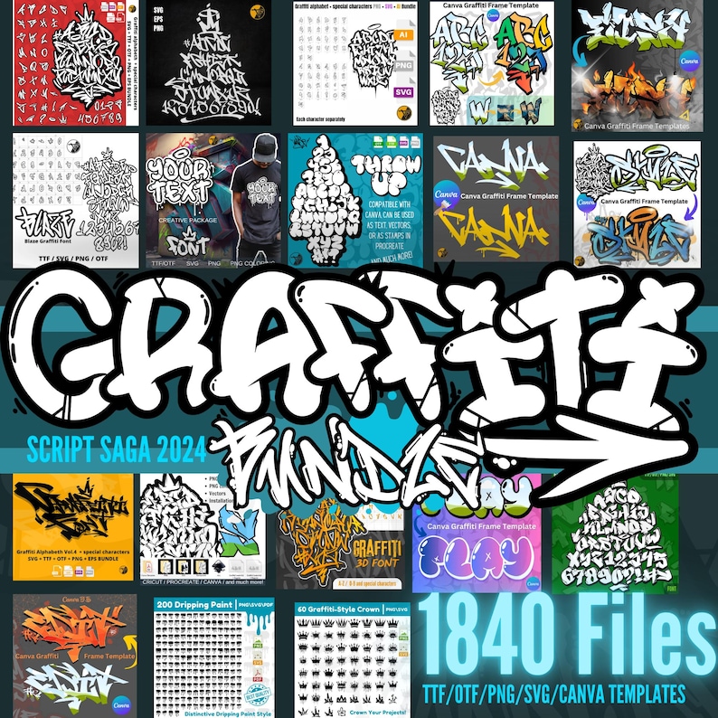 Graffiti Script Saga 2024 Font Bundle, Hip Hop Style (digital Download ...
