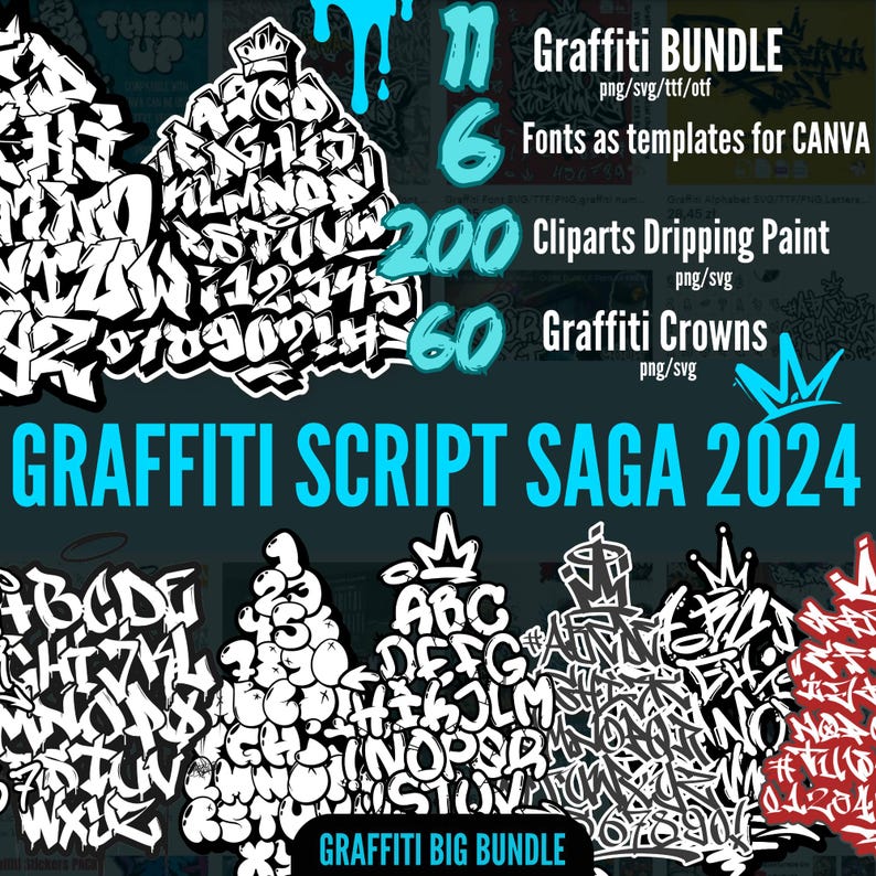 Graffiti Script Saga 2024 Font Bundle, Hip Hop Style (digital Download ...