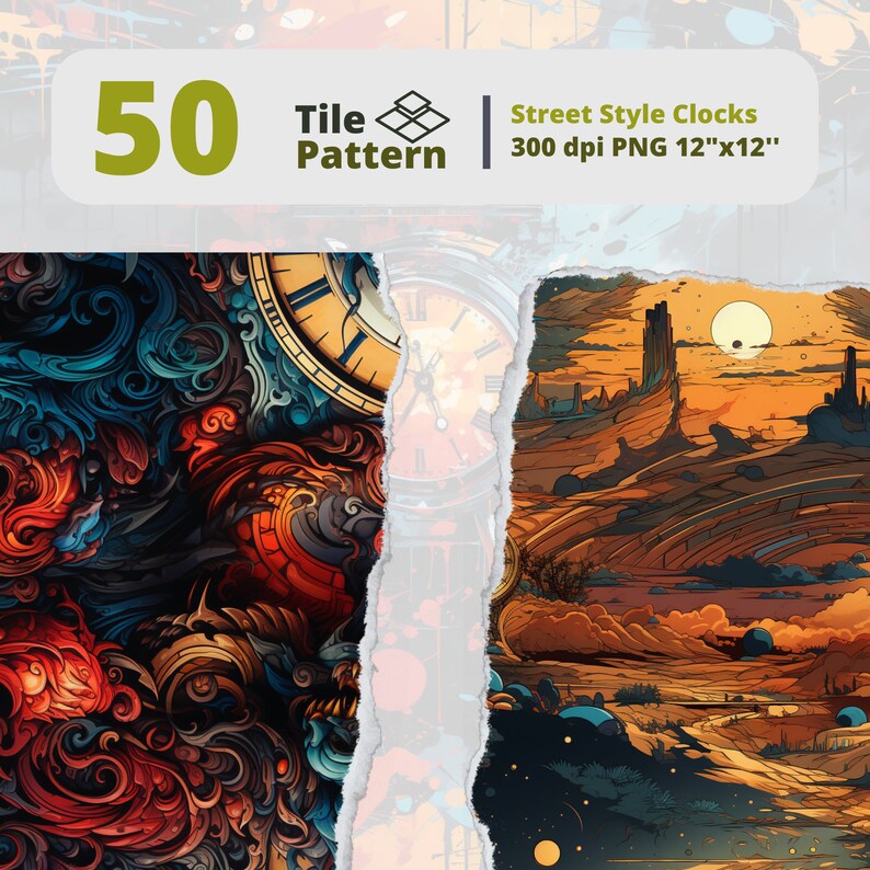 50 Clock Graffiti Tile Patterns, Seamless Street Style Digital Paper ...
