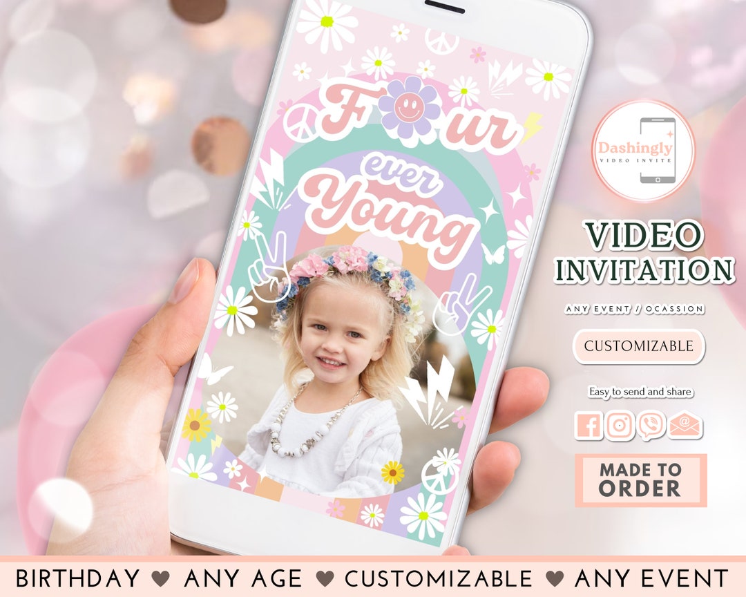 Four Ever Young Groovy 4th Birthday Party Invitation Peace Love Groovy ...