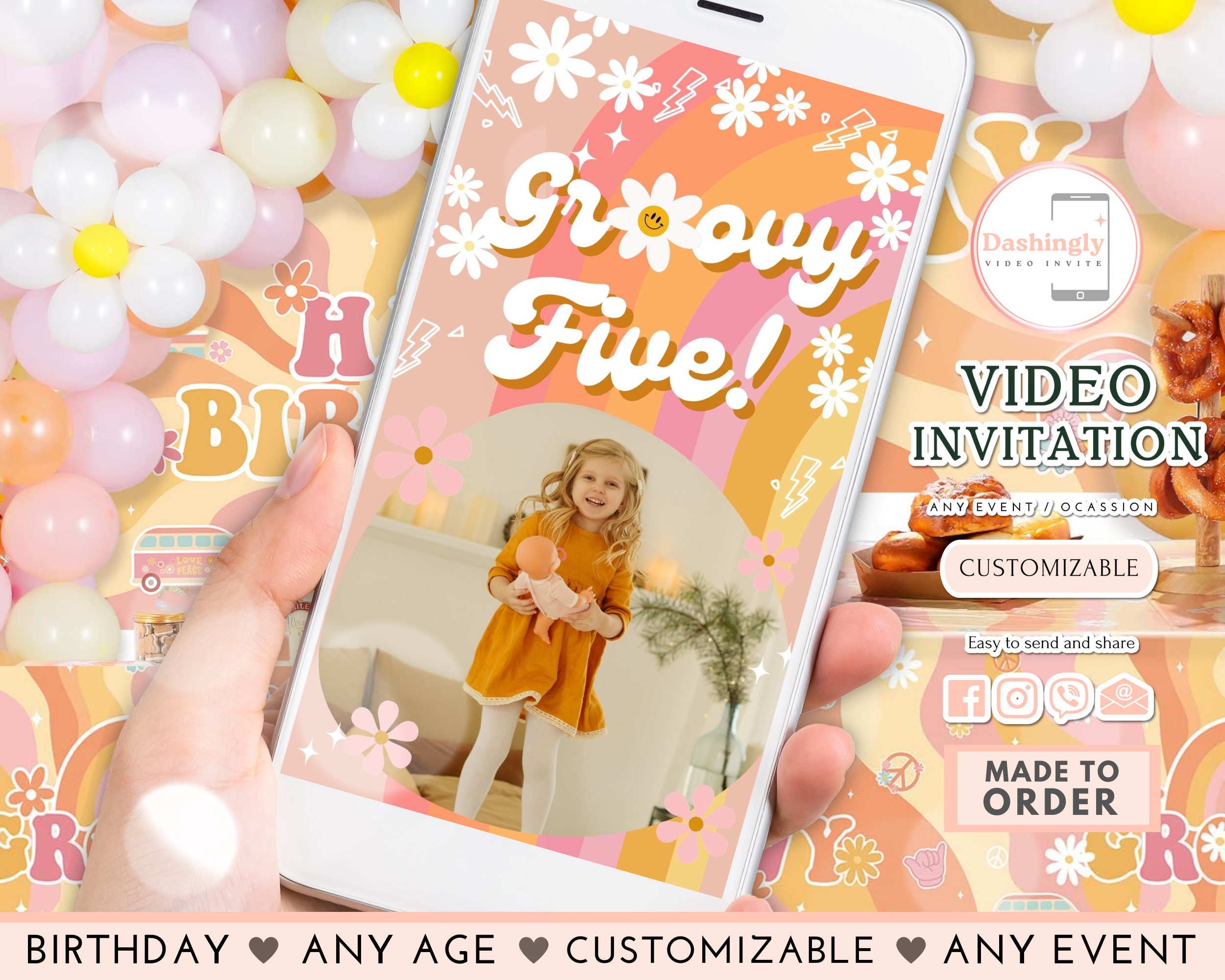 Groovy Five Birthday Video Invitation Retro Floral 70'sparty Hippie ...