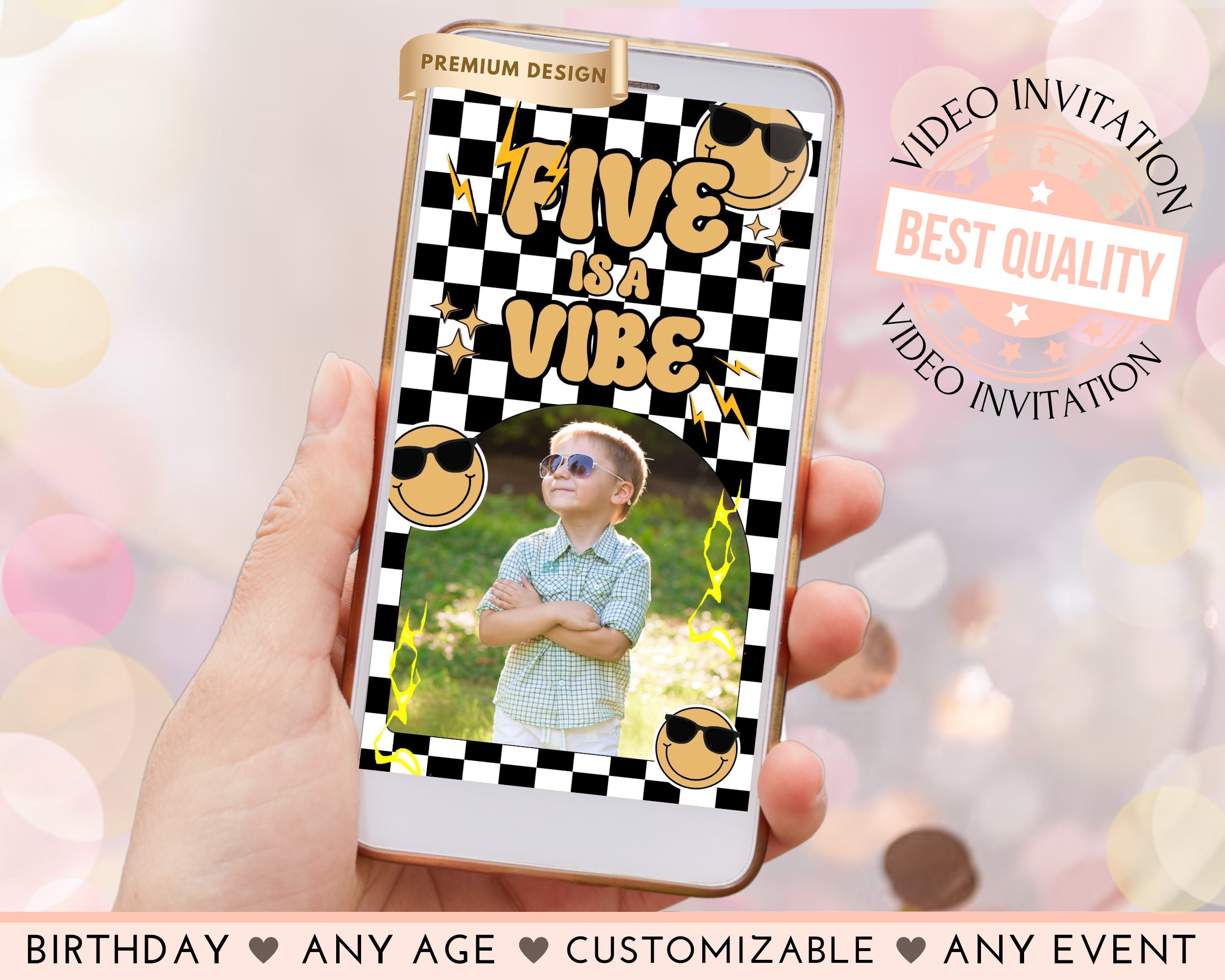 5th Groovy Birthday Video Invitation Five is a Vibe Boy Black White ...