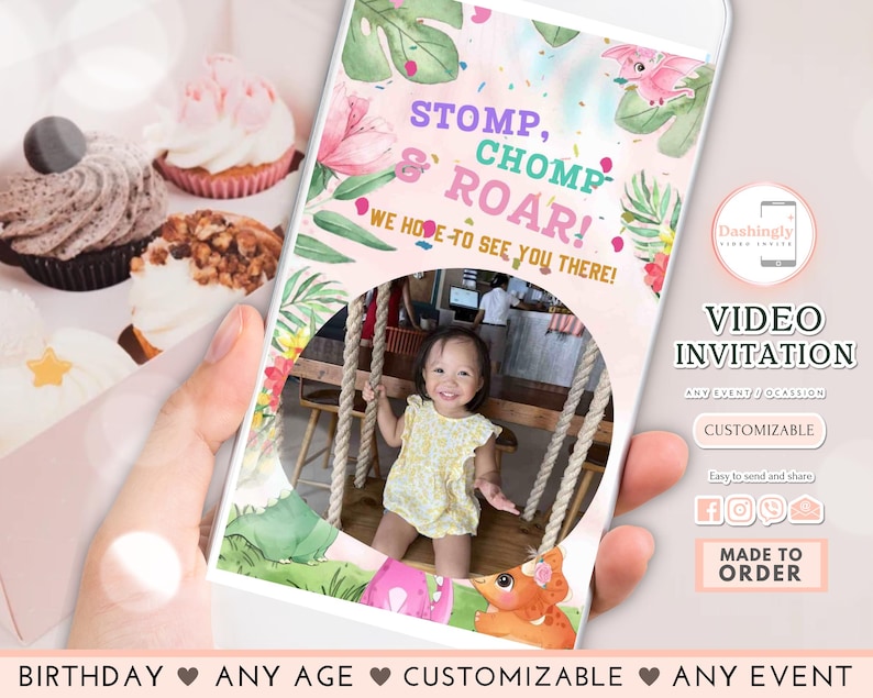 Dinosaur Invitation Video Invitation Girl Dino Birthday Invite Pastel ...