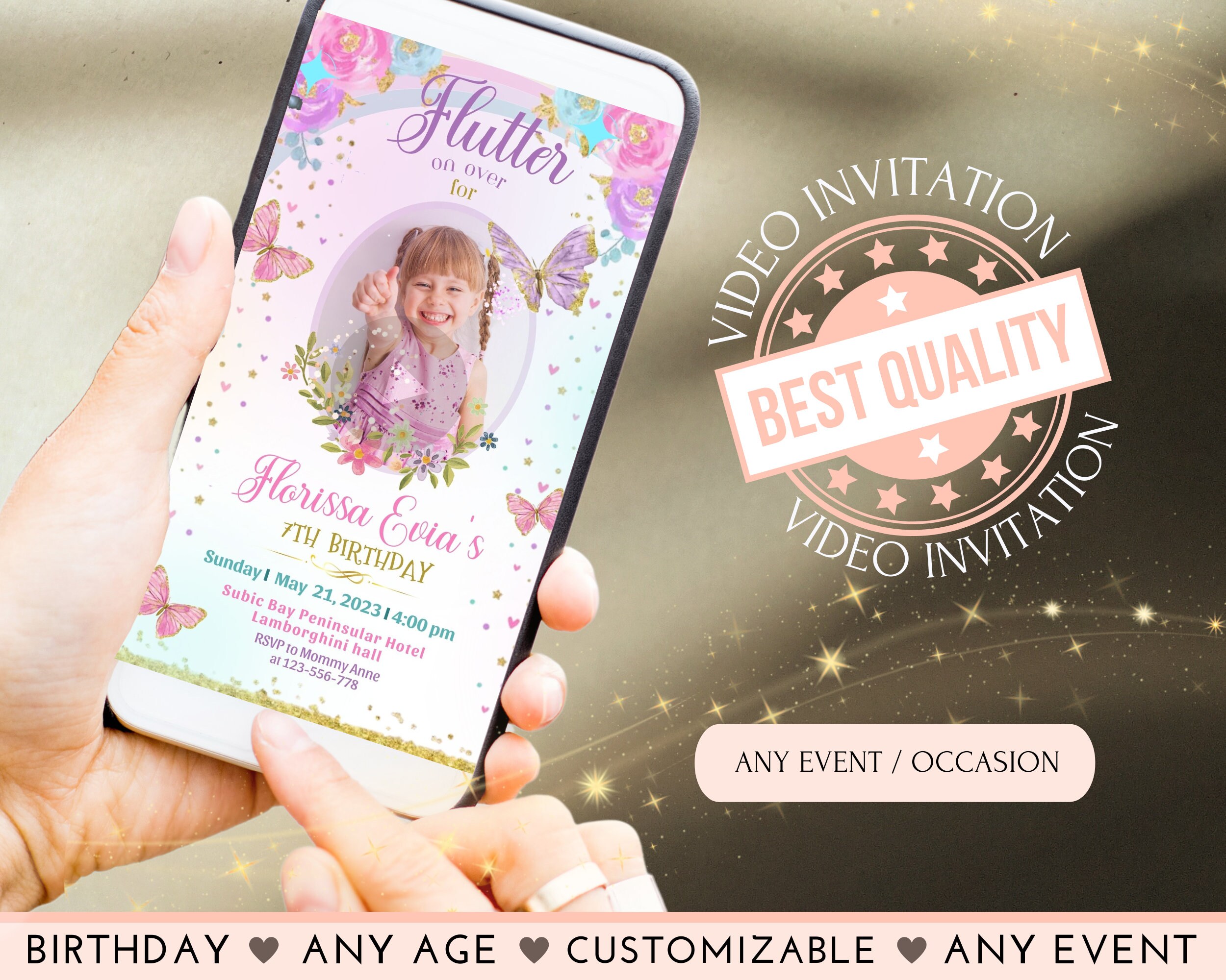 Butterfly Birthday Video Invitation Flutter on Over Whimsical Floral ...