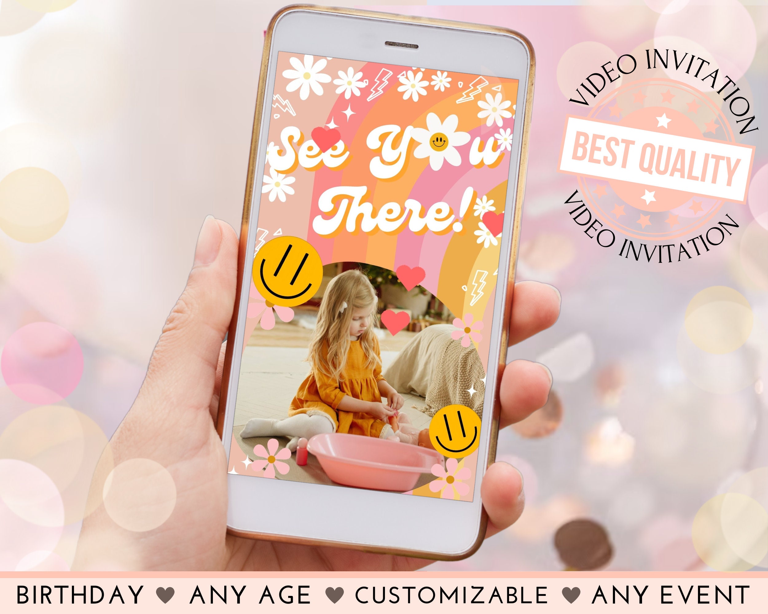 Groovy Five Birthday Video Invitation Retro Floral 70'sparty Hippie ...