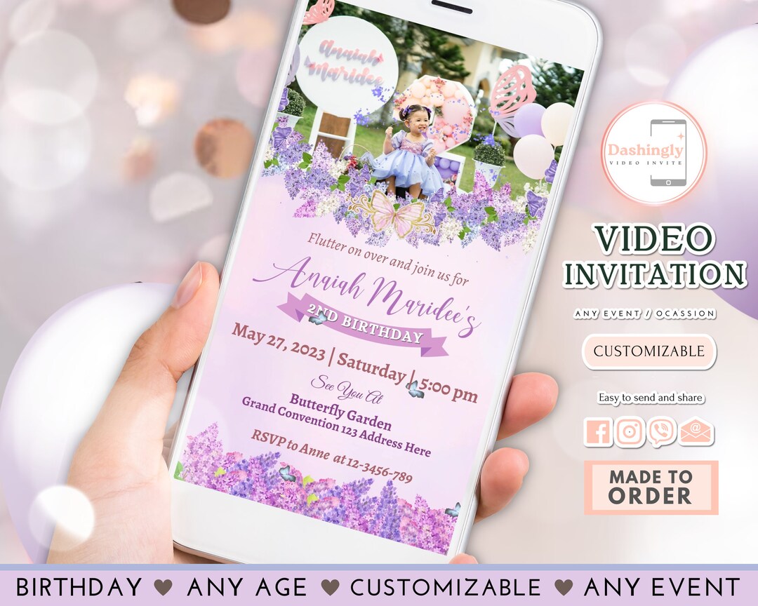 Butterfly Birthday Video Invitation Garden Party Purple Lavender ...