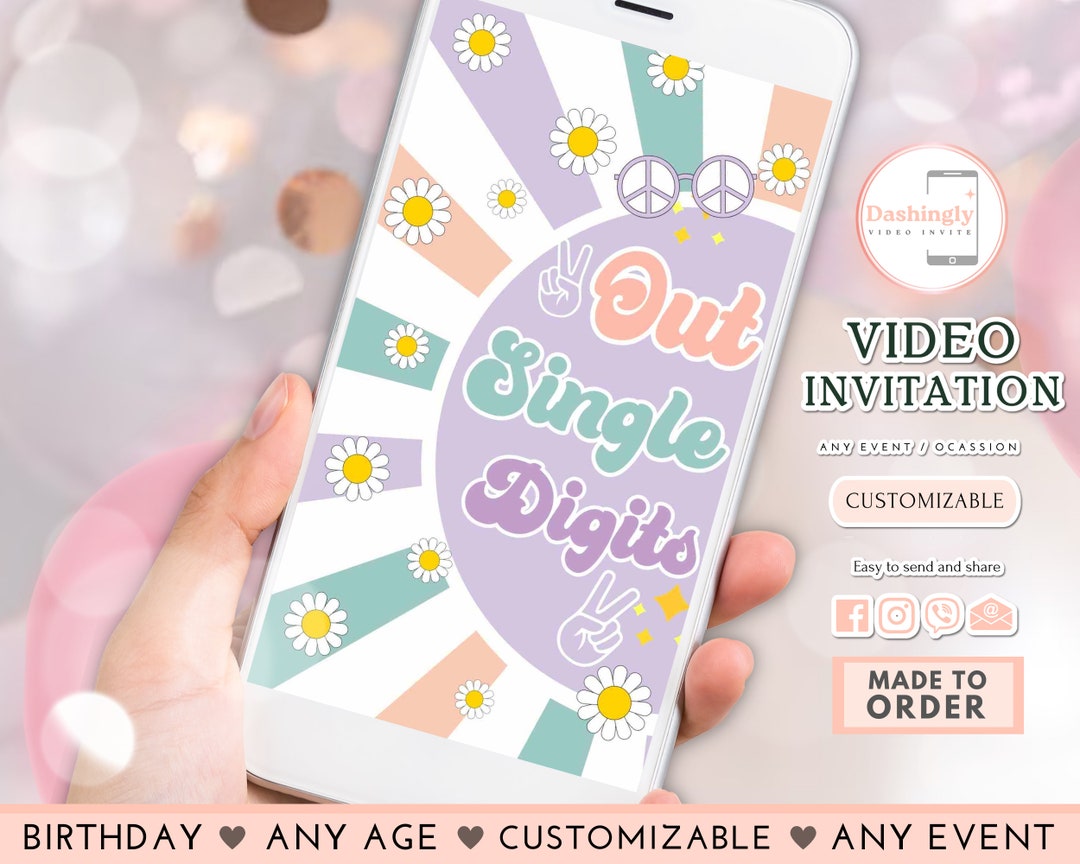 Purple Peace Out Single Digits Video Invitation Groovy 10th Birthday ...