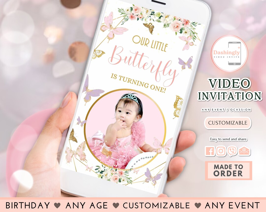 Butterfly Video Invitation Birthday Butterfly Kisses Wishes Pastel Pink ...