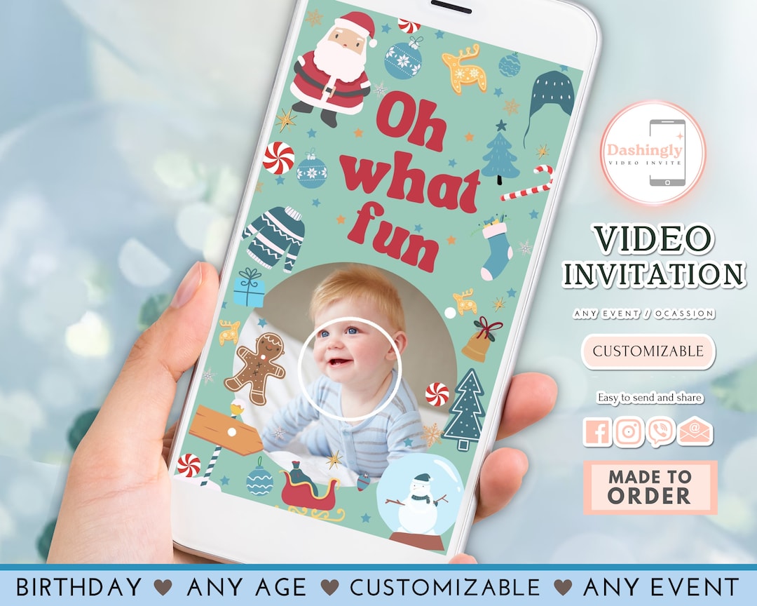 Christmas Birthday Video Invitation Oh What Fun Party Blue Green ...