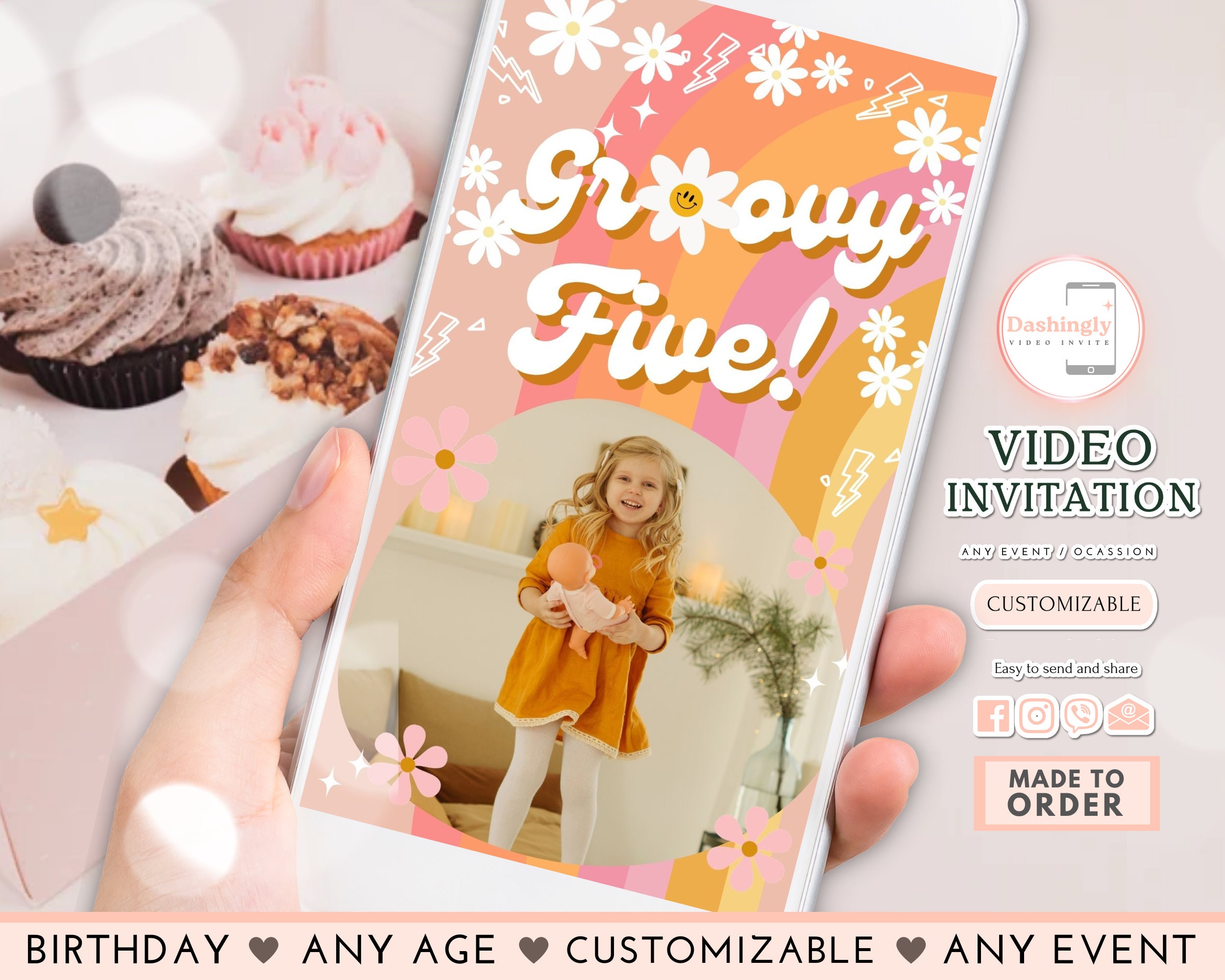 Groovy Five Birthday Video Invitation Retro Floral 70'sparty Hippie ...