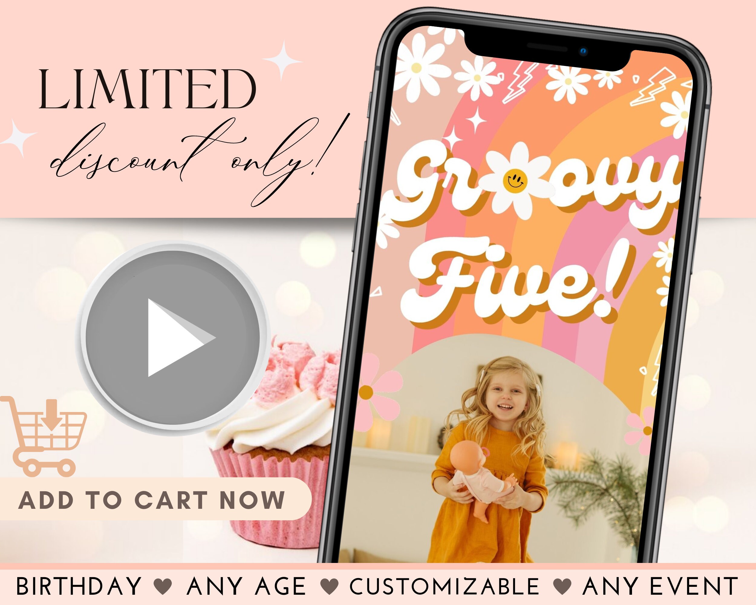 Groovy Five Birthday Video Invitation Retro Floral 70'sparty Hippie ...