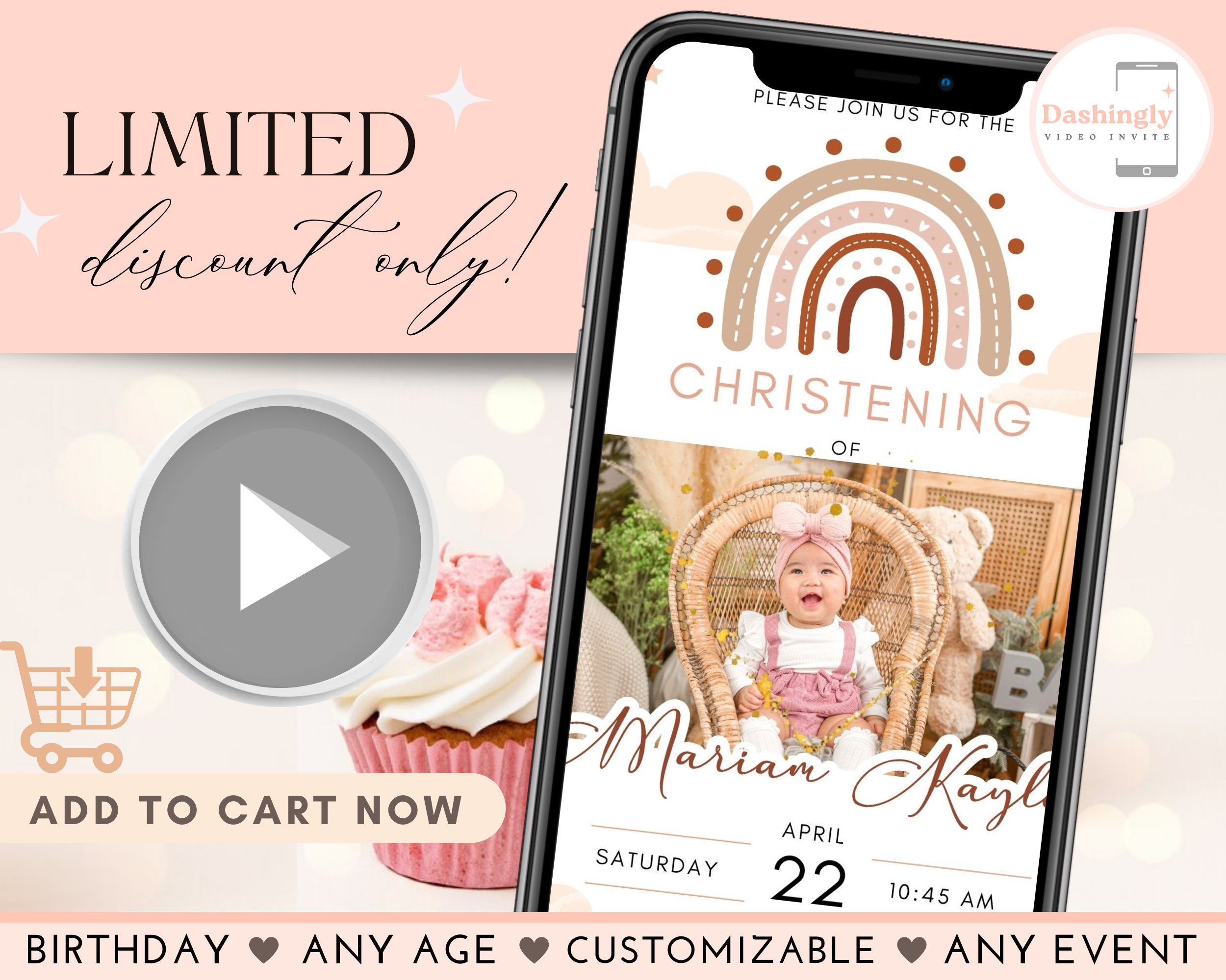 Boho Rainbow Christening Video Invitation Muted Bohemian Rainbow Modern ...