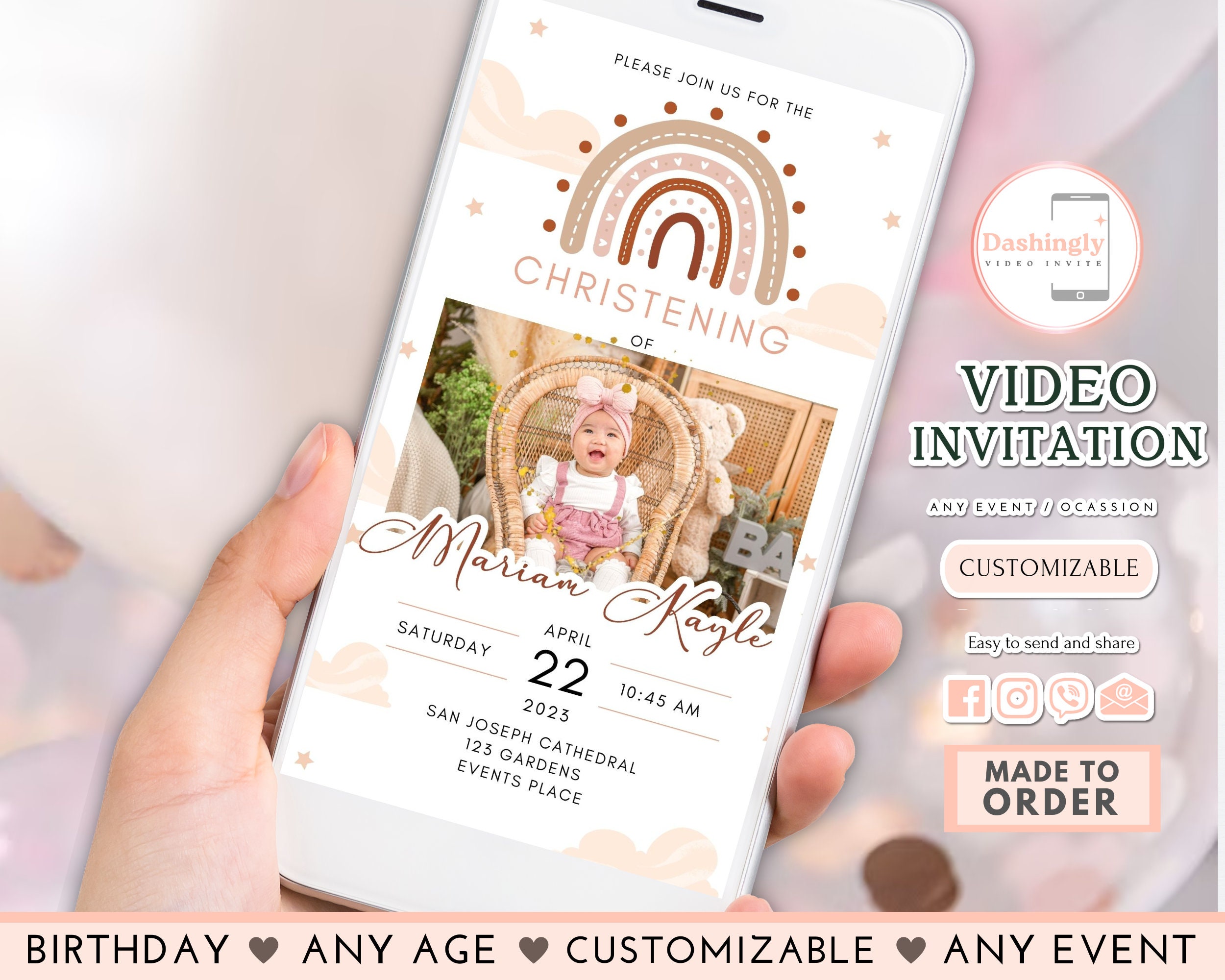 Boho Rainbow Christening Video Invitation Muted Bohemian Rainbow Modern ...
