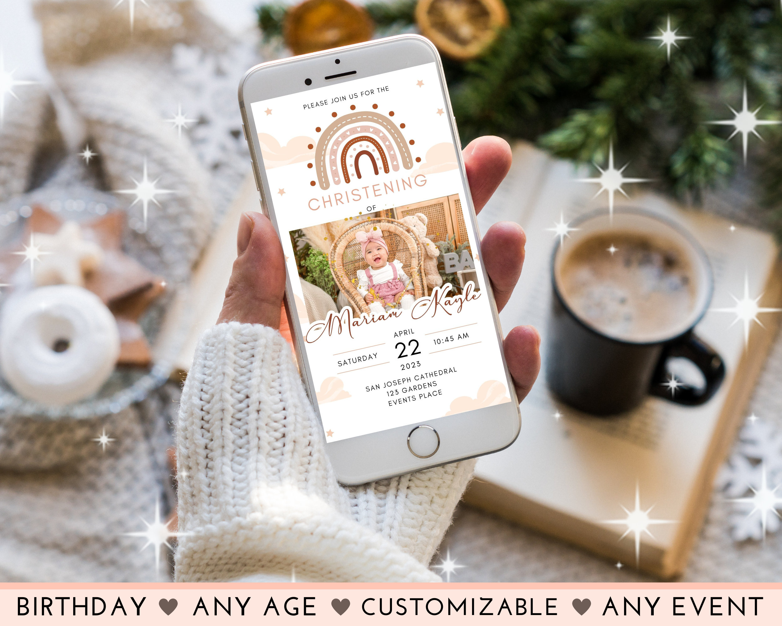 Boho Rainbow Christening Video Invitation Muted Bohemian Rainbow Modern ...