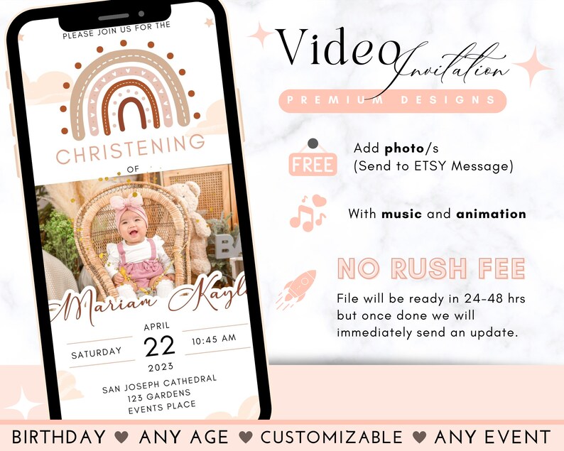Boho Rainbow Christening Video Invitation Muted Bohemian Rainbow Modern ...