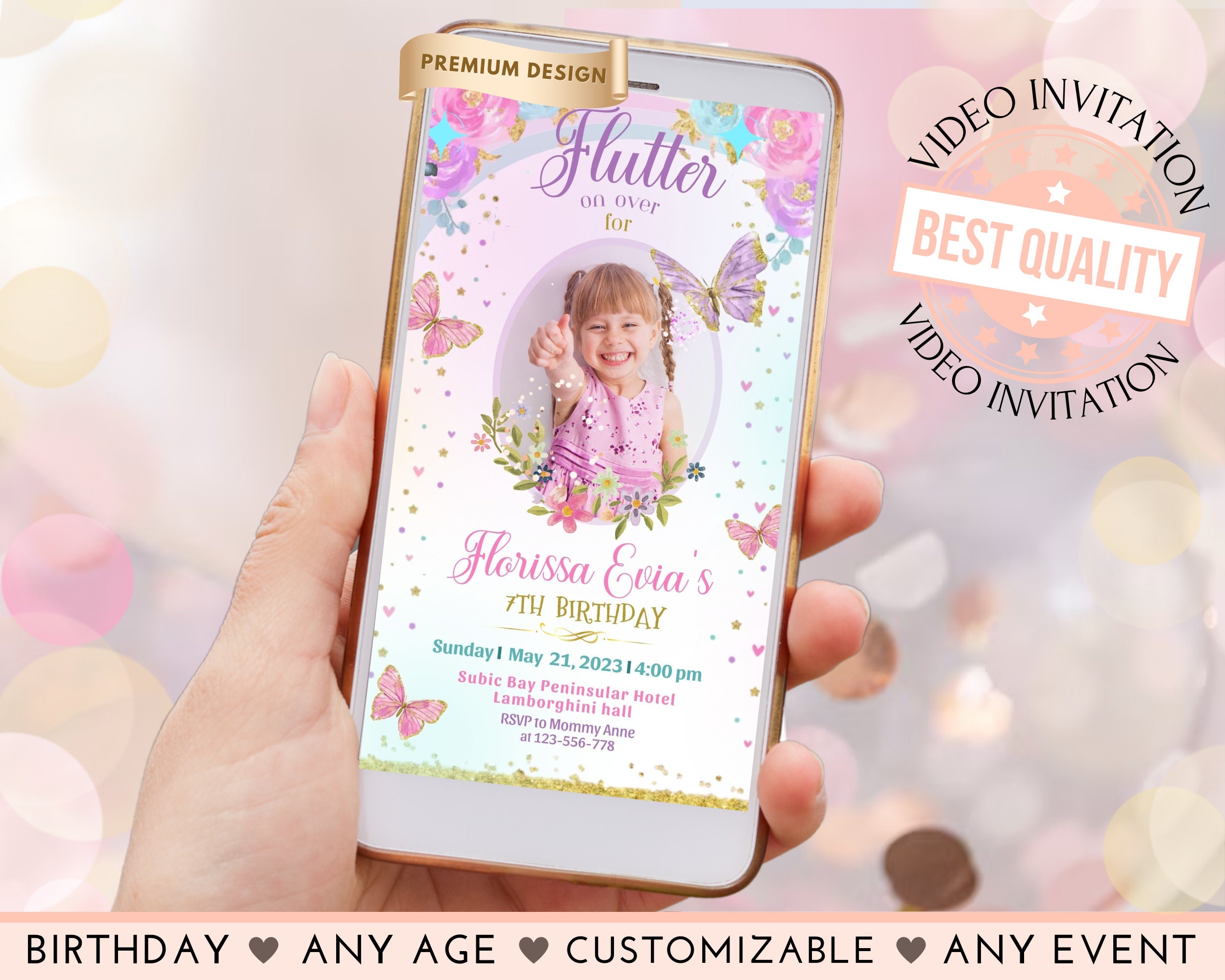 Butterfly Birthday Video Invitation Flutter on Over Whimsical Floral ...