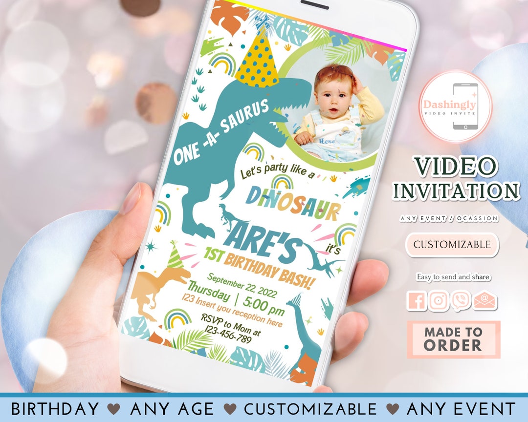 One-a-saurus Dinosaur Birthday Video Invitation: Blue Dino Party (add ...