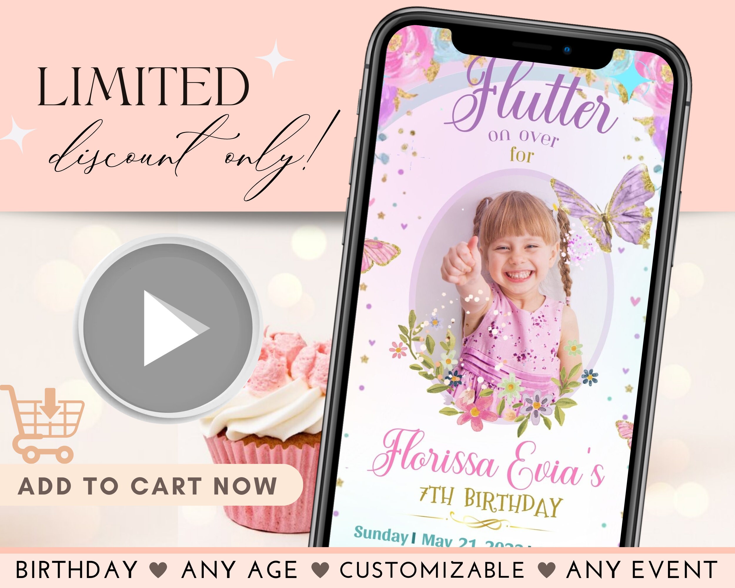 Butterfly Birthday Video Invitation Flutter on Over Whimsical Floral ...