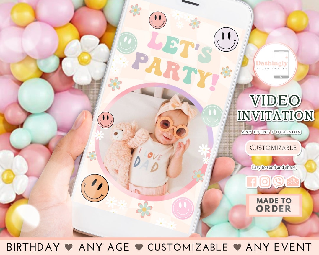 Retro Face Video Invitation Happy Face Birthday Party Girl Birthday One ...
