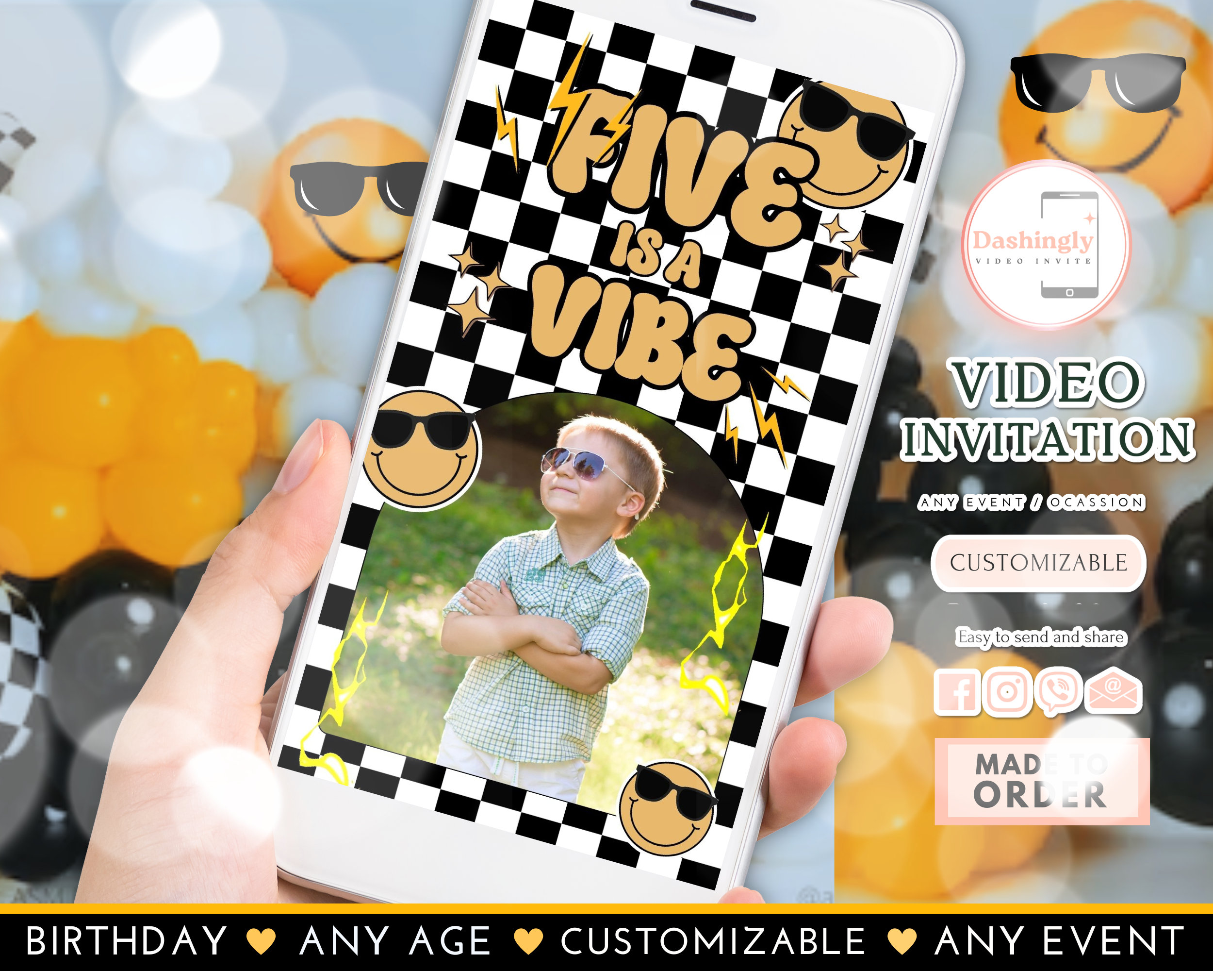5th Groovy Birthday Video Invitation Five is a Vibe Boy Black White ...