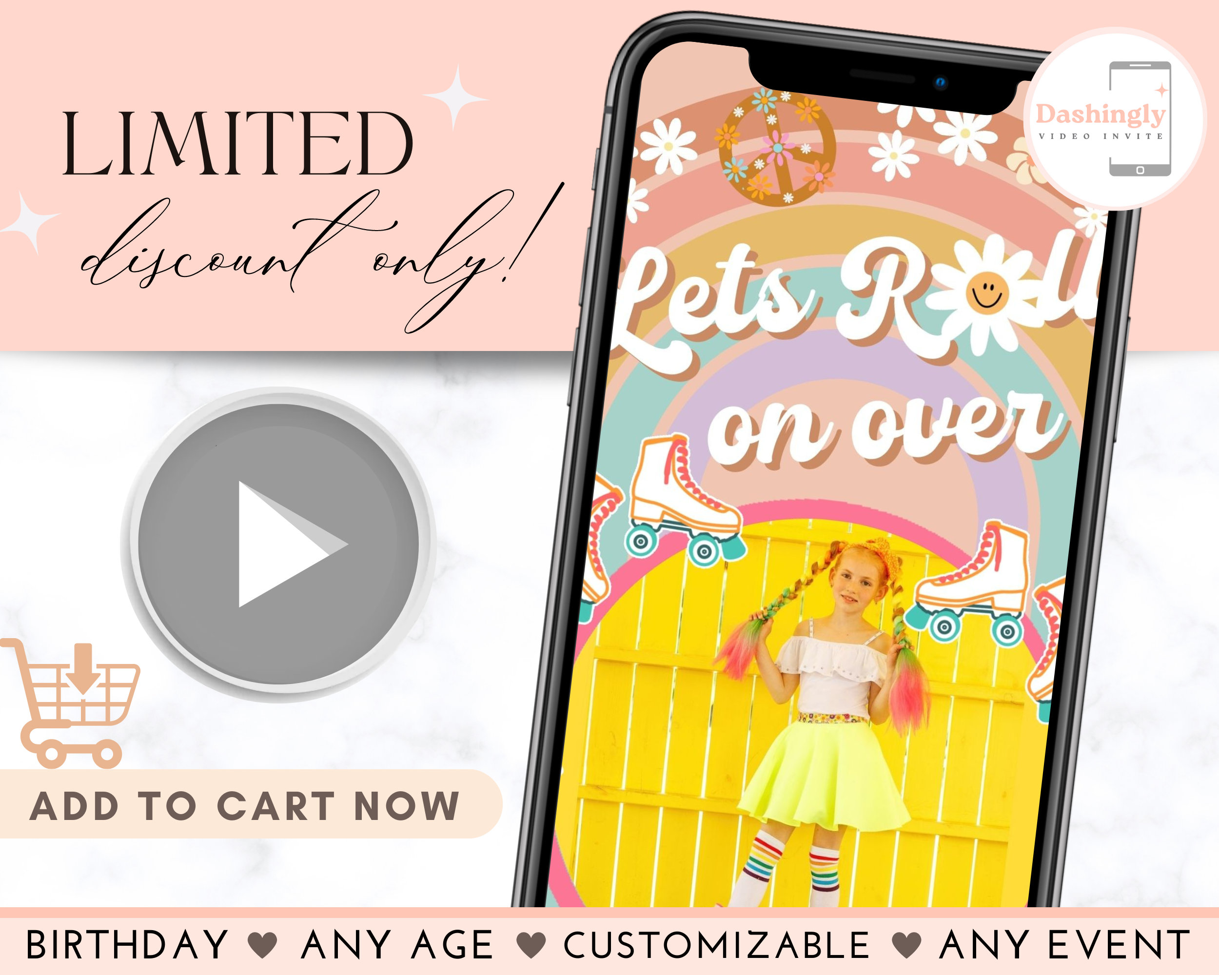 Let's Roll Retro Groovy Video Invitation Roller Skate Birthday Party ...