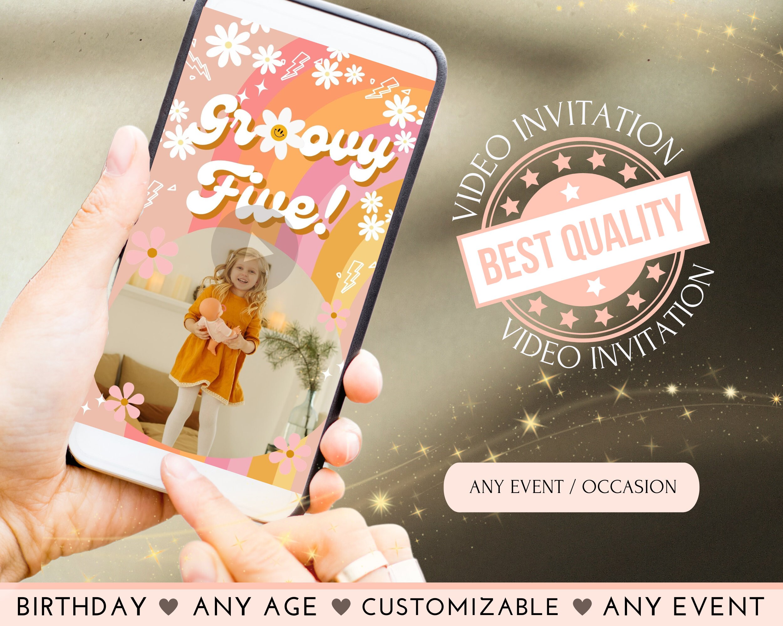 Groovy Five Birthday Video Invitation Retro Floral 70'sparty Hippie ...