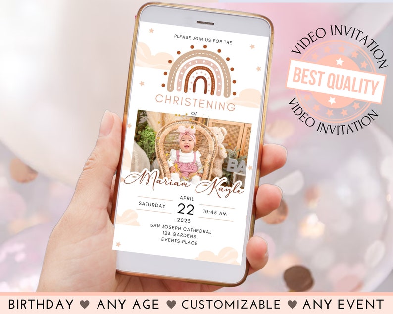 Boho Rainbow Christening Video Invitation Muted Bohemian Modern Neutral ...