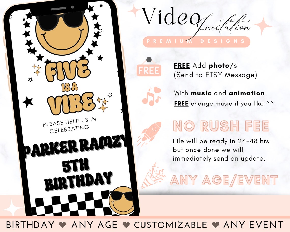 5th Groovy Birthday Video Invitation Five is a Vibe Boy Black White ...
