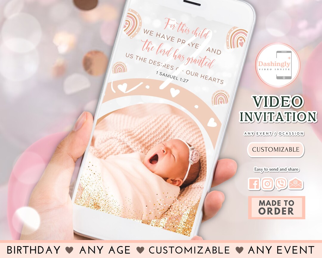 Boho Rainbow Christening Video Invitation: Pink Modern Design (FREE Add ...