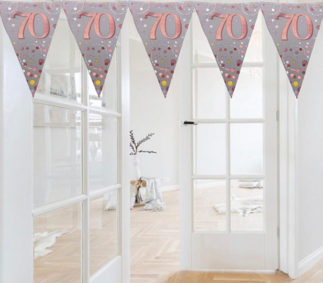 Age 70 / 70th Birthday White and Rose Gold Bunting Flags Banner. 70th ...
