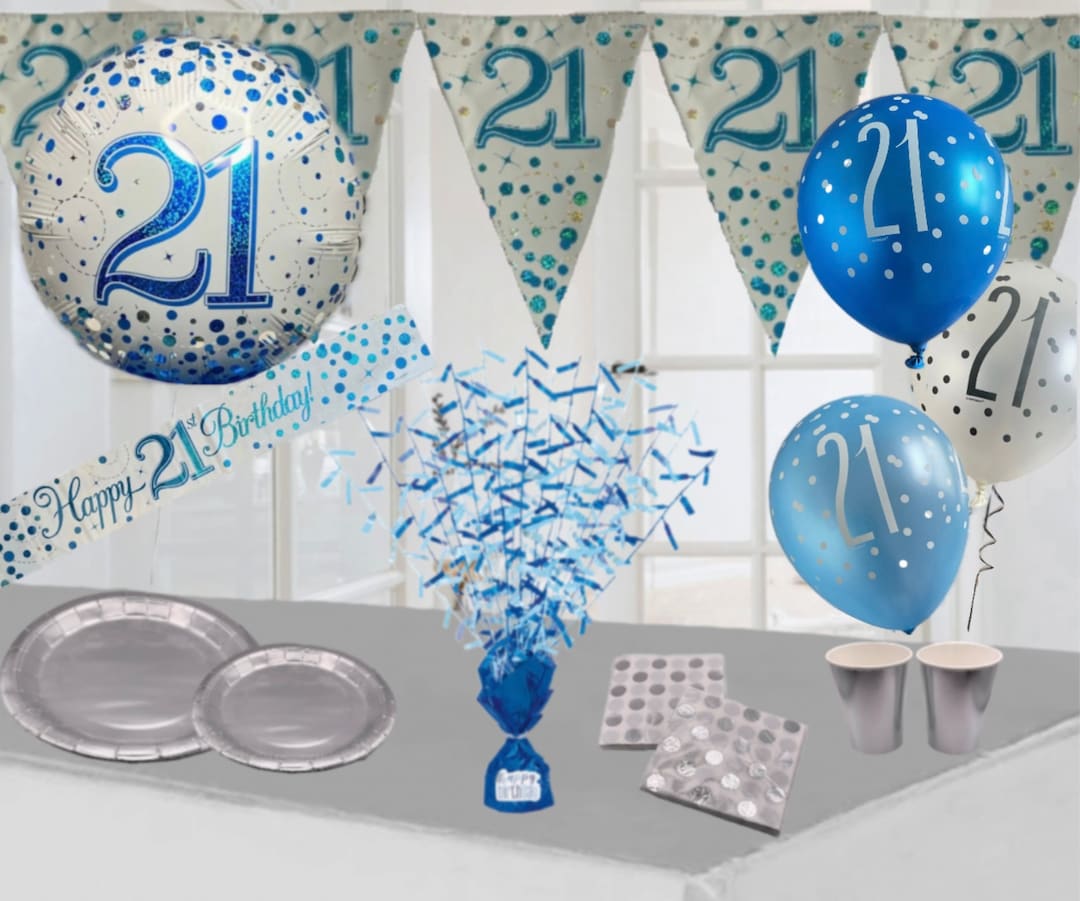 21st Birthday Party Blue and Silver Themed Decorations and Table ...