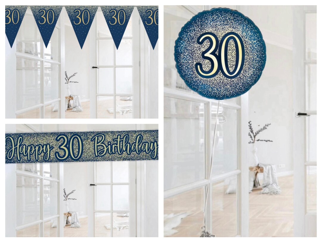 30th Birthday Navy Blue and Gold Themed Party Bunting Banners Balloons ...
