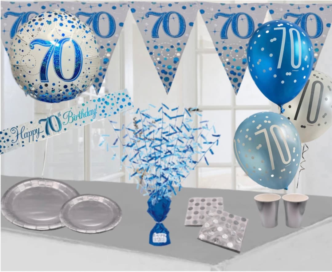 70th Birthday Party Blue and Silver Themed Decorations and Table ...
