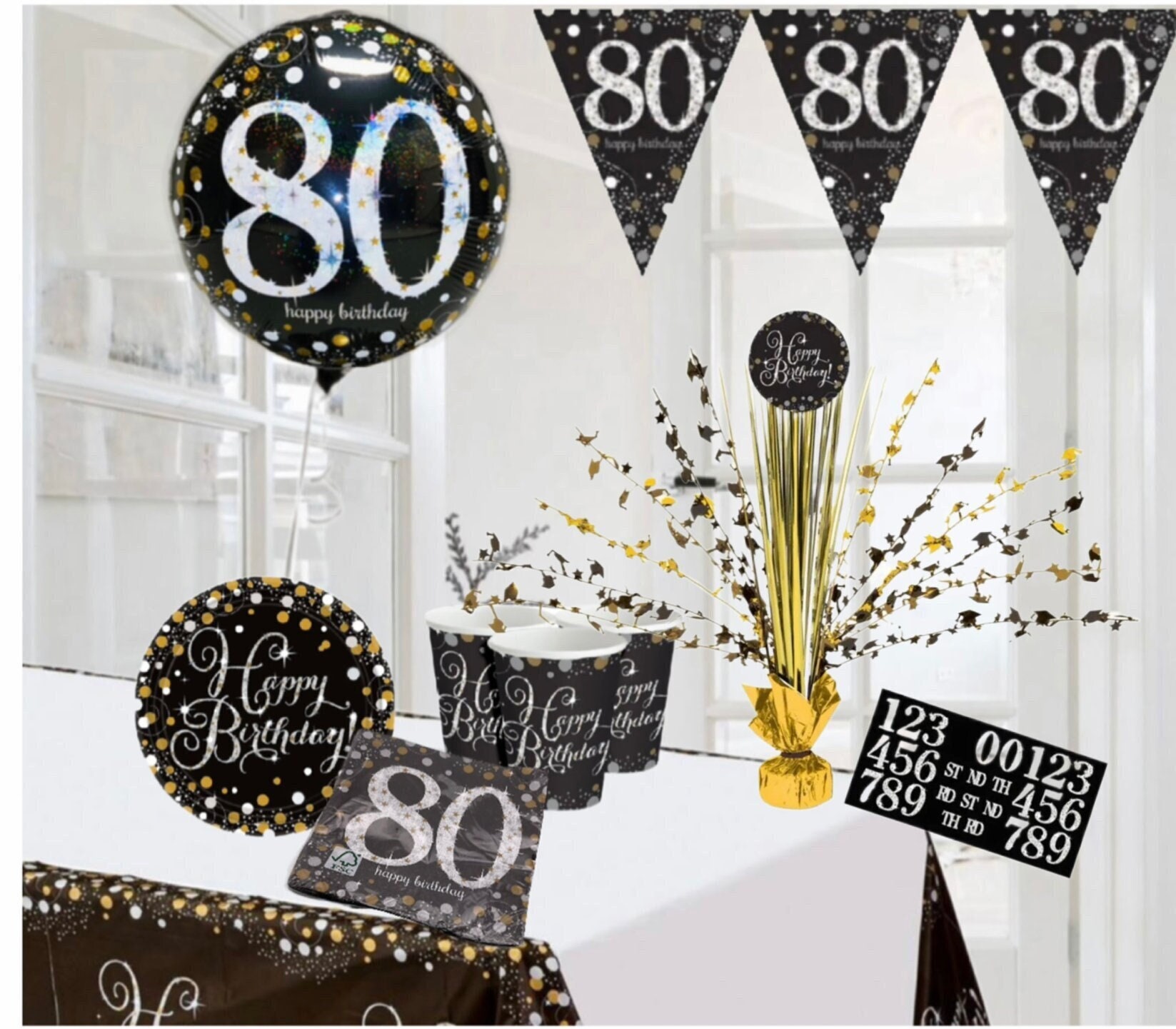 Black and Gold Themed Happy 80th Birthday Party Decorations and Table ...