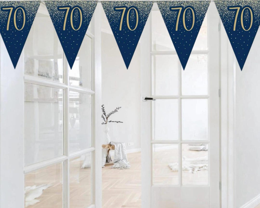 70th Birthday Navy Blue Gold Themed Bunting Flags Banner 9ft. Age 70 ...