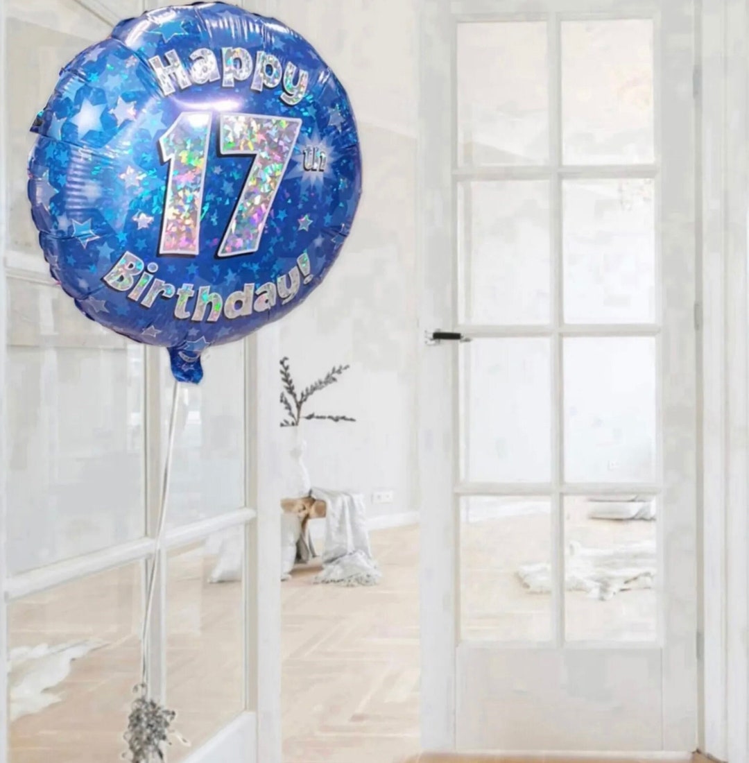 Happy 17th Birthday Balloon: Blue Silver Holographic Foil 18in. Blue ...
