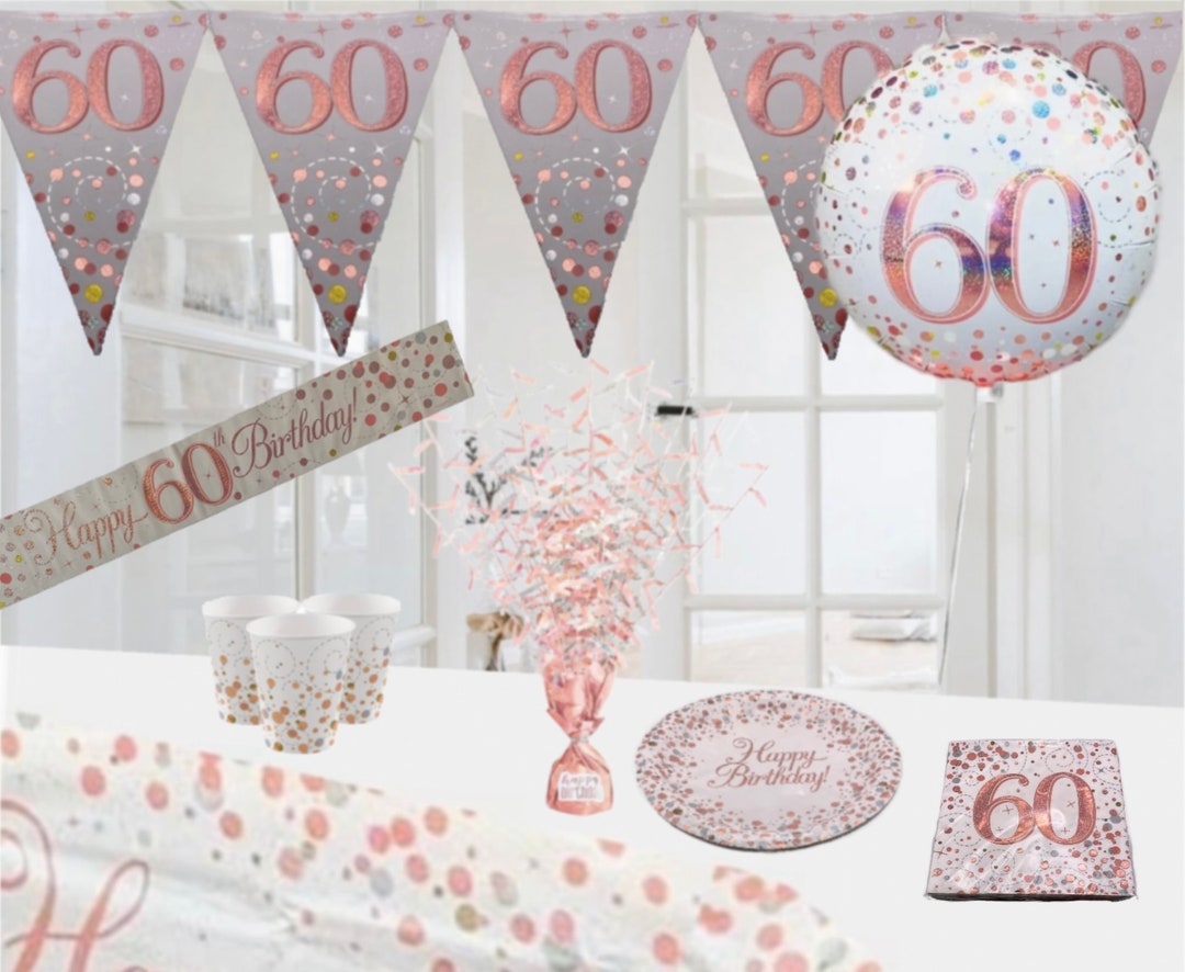 Age 60 & Happy Birthday White Rose Gold Themed Party Decorations and ...